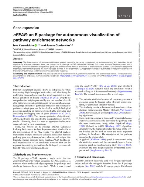 Pdf Apear An R Package For Autonomous Visualisation Of Pathway Enrichment Networks