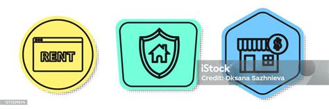 텍스트 온라인 임대 방패와 집과 함께 줄 매달려 기호를 설정 달러 기호와 집 컬러 셰이프입니다 벡터 가격에 대한 스톡 벡터 아트