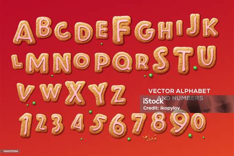 알파벳 휴일 생강 쿠키 알파벳과 숫자 빨간색 배경에 격리 메리 크리스마스와 새해 복 많이 받으세요 착빙 설탕 벡터 일러스트 레이 션으로 글꼴 표지 쿠키에 대한 스톡 벡터