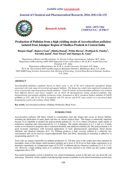 Pdf Production Of Pullulan From A High Yielding Strain Of