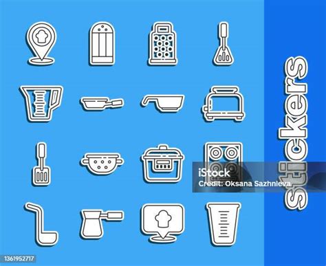 세트 라인 측정 컵 가스 스토브 토스터 강판 프라이팬 위치와 아이콘이있는 요리사 모자 벡터 가열장치에 대한 스톡 벡터 아트 및 기타 이미지 Istock