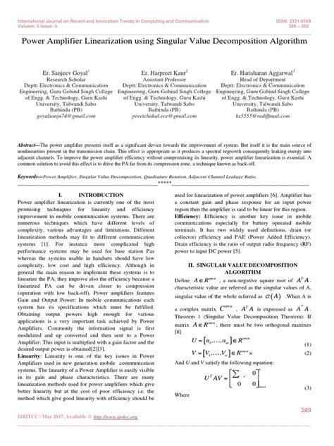 Power Amplifier Linearization Using Singular Value Decomposition Algorithm Pdf Matrix