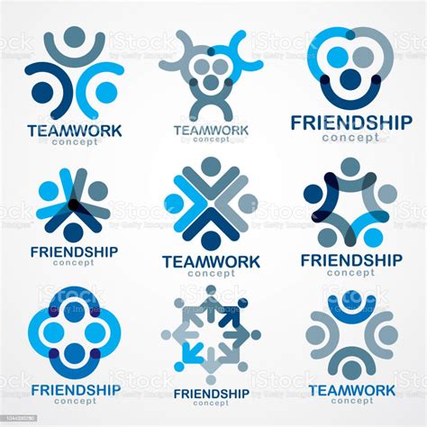 팀웍과 우정 개념 사람들이 승무원으로 간단한 기하학적 인 요소를 사용 하 여 만든 벡터 아이콘 설정합니다 화합과 협력 아이디어 기업 들의 드림 팀 블루 디자인 아이콘에 대한