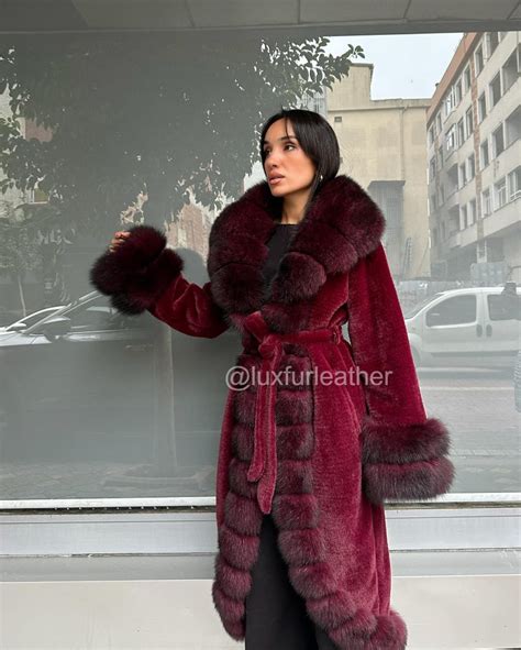 Burgundy Women Coat Luxurious Alcantra Long Coat With Fox Fur Collar