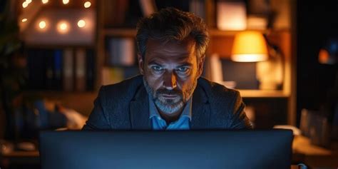Businessman Focused On His Computer Screen Office Clutter And Coffee Cup In The Background