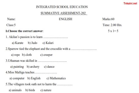 5th Standard Term 3 Question Paper Sa 60 Marks English Tnkalvi Net