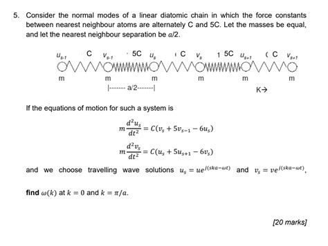consider the normal modes of a linear diatomic chain in which the force constants between