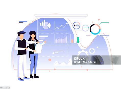 디지털 그래픽 개념입니다 사무직 근로자는 회사의 연간 데이터 차트를 요약합니다 웹 포스터 전단지에 사용됩니다 현대 평면 벡터 그림입니다 개념에 대한 스톡 벡터 아트 및 기타