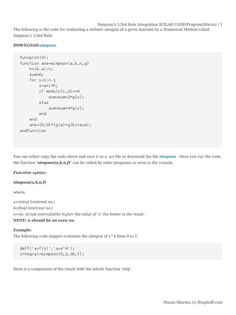 Simpson S 1 3rd Rule Integration Scilab Code Program Macro Pdf