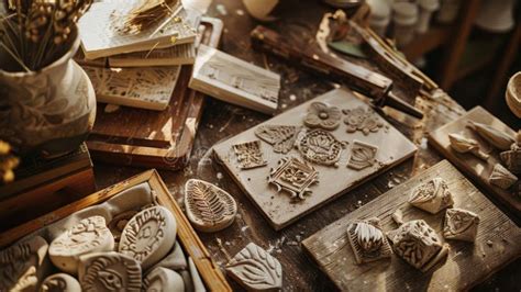 Traditional Pottery Stamps On A Wooden Table Craft Workshop Scene With