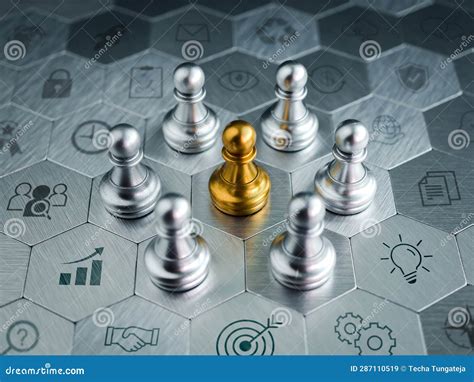 The Golden Pawn Chess Piece Standing Out From The Group Of Silver Pawn Chess Pieces On Hexagon