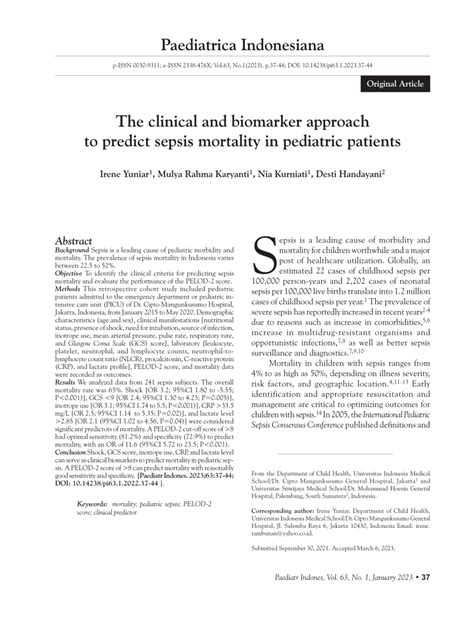 Pdf The Clinical And Biomarker Approach To Predict Sepsis Mortality In Pediatric Patients