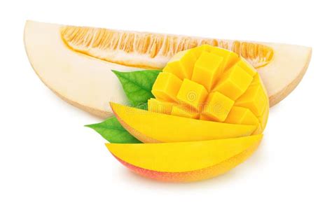 Composite Image Of Piece Of Melon And Curved Mango Isolated On A White