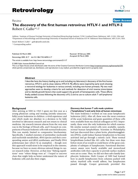Pdf The Discovery Of The First Human Retrovirus Htlv 1 And Htlv 2