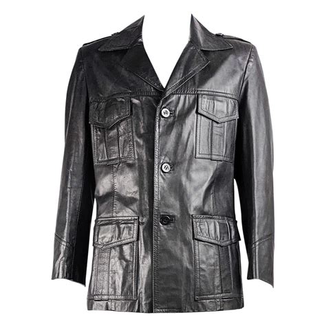 1970s Mens Vintage Black Leather Safari Fashion Jacket For Sale At
