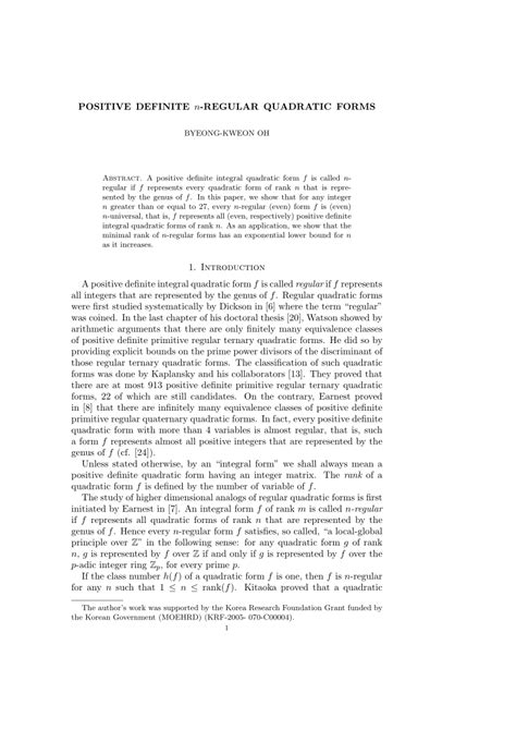 pdf positive definite n regular quadratic form