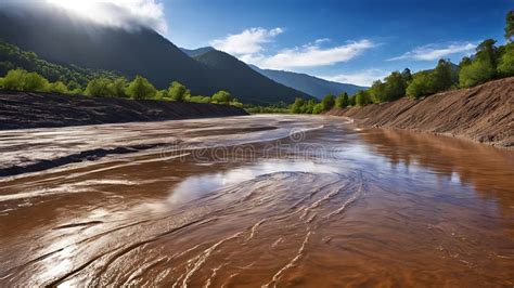 Mudflow Riverbed Stream Consisting Of A Mixture Of Water And Rock