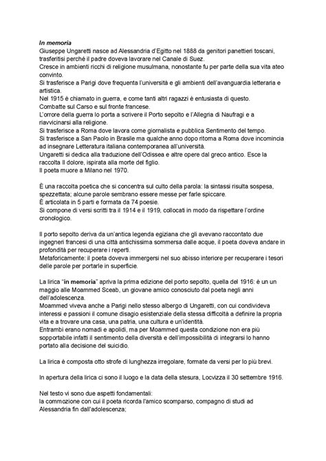 In Memoria Di Giuseppe Ungaretti Sintesi Del Corso Di Italiano Docsity