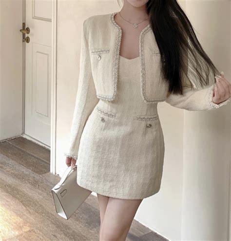 최저가🤍 수입고퀄set 엘르 진주 큐빅 스톤 트위드 원피스and자켓 투피스 코디 세트하객룩 데이트룩 엘레강스룩 럭셔리룩 파티룩 트위드룩 에이블리