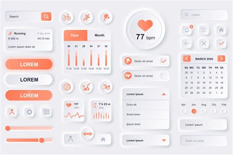 피트니스 운동 모바일 앱을위한 사용자 인터페이스 요소 피트니스 트래커 스포츠 활동 플래너 심박수 모니터 Gui 템플릿