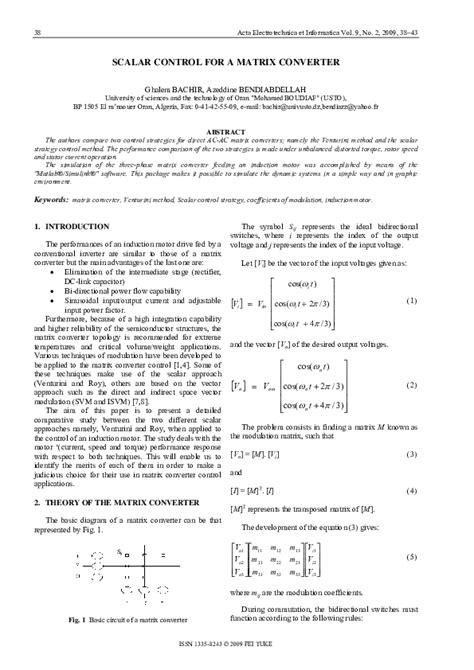 Pdf Scalar Control For A Matrix Converter