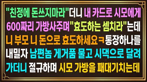 내 카드로 시모에게 600짜리 가방사주며효도하는 셈치라는데 니 부모 니 돈으로 효도하세요ㅋ통장하나를 내밀자 남편놈 게거품 물고 시댁으로 달려가 시모 가방을 패대기치는데