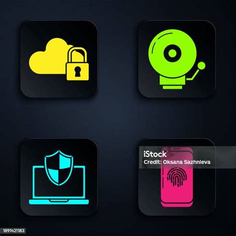 Set Smartphone With Fingerprint Scanner Cloud Computing Lock Laptop Protected With Shield And