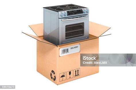 골판지 상자 내부의 전기 슬라이드 인 대류 범위 배달 개념 흰색 배경에서 격리된 3d 렌더링 3차원 형태에 대한 스톡 사진 및 기타 이미지 Istock