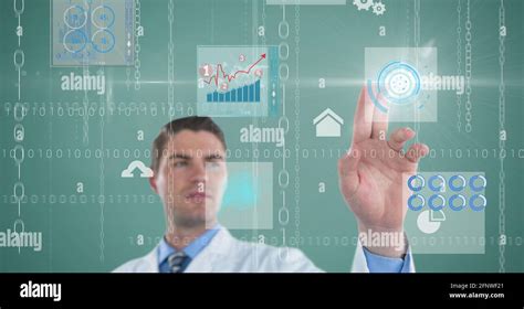 composition of male doctor touching screen with binary coding and medical data processing stock
