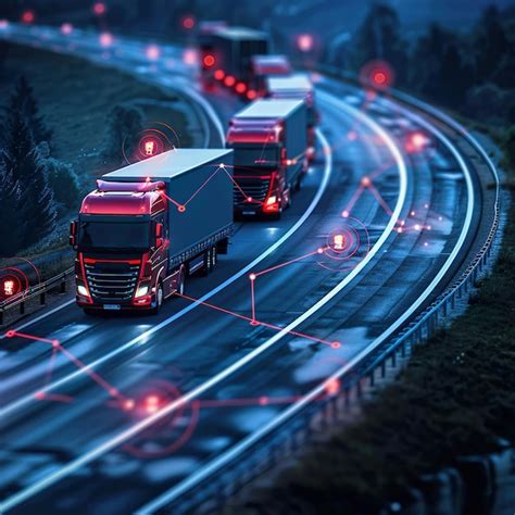 Smart Fleet Management System Visualized With Connected Trucks On Digital Network Premium Ai