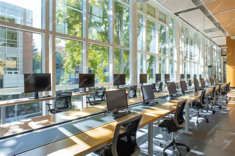 Modern Computer Lab With Large Windows Premium Ai Generated Image