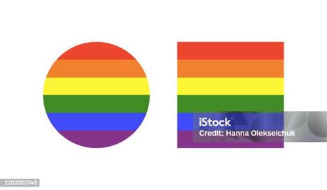 무지개 깃발 프로그레스 로고 심볼입니다 게이 프라이드 프레임 Lgbt 원 사각형 아이콘 무지개 색상의 스티커 세트입니다 원형 직사각형 배지 단추 모형 템플릿 미니멀 디자인