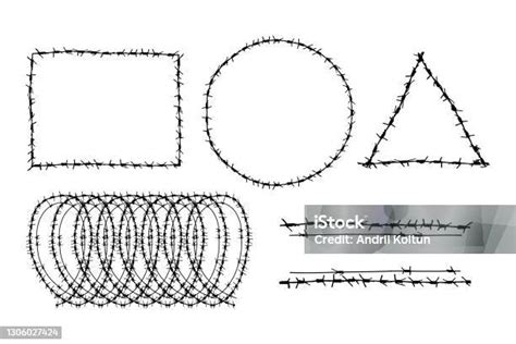 흰색 배경에 격리 된 다양한 모양의 철조망 벡터 일러스트레이션 철조망에 대한 스톡 벡터 아트 및 기타 이미지 철조망 프레임 원형 Istock