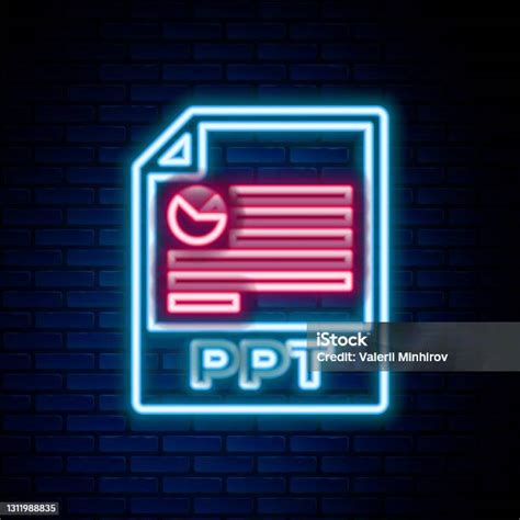 빛나는 네온 라인 Ppt 파일 문서 벽돌 벽 배경에 격리 된 Ppt 버튼 아이콘을 다운로드합니다 Ppt 파일 프리젠 테이션