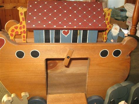 Vintage Antique Folk Art Noahs Ark Toy Noah Hand Carved Wooden Ark And