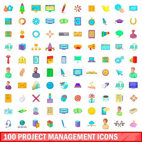 100 Project Management Icons Set Cartoon Style Stock Vector