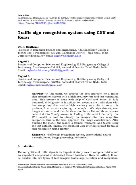 Pdf Traffic Sign Recognition System Using Cnn And Keras