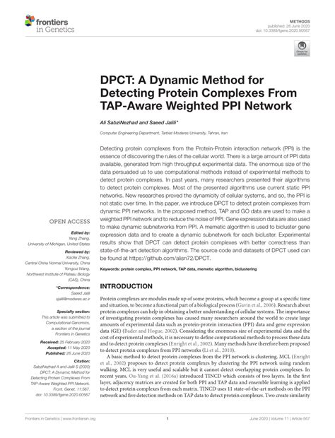 Pdf Dpct A Dynamic Method For Detecting Protein Complexes From Tap