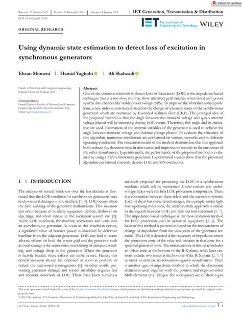 Iet Generation Trans Dist 2024 Momeni Using Dynamic State Estimation Pdf Electric Generator