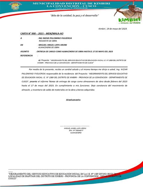 Informe Entrega De Cargo Pdf Herramientas Materiales De Construcción