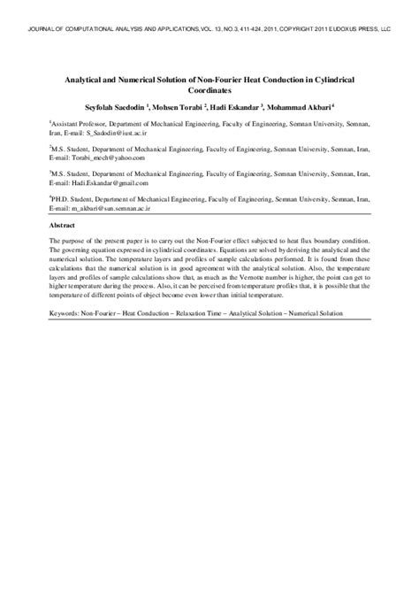 Pdf Analytical And Numerical Solution Of Non Fourier Heat Conduction In Cylindrical Coordinates