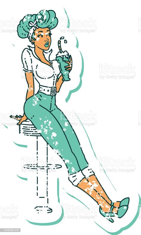 밀크 쉐이크를 마시는 핀업 소녀의 전통적인 스타일의 고민 스티커 문신 1950 1959 년에 대한 스톡 벡터 아트 및 기타