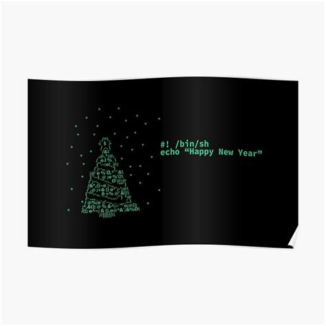 happy new year ascii christmas tree and shell script programmer devops coder poster for