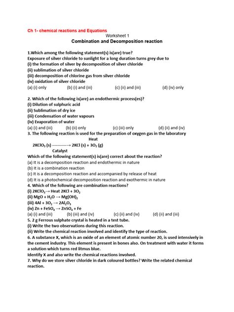 Worksheet Ch 1 Chemical Reaction And Equation Pdf Chemical Reactions Redox
