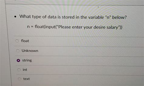 Solved What Type Of Data Is Stored In The Variable N Chegg