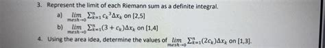 Solved Represent The Limit Of Each Riemann Sum As A Chegg