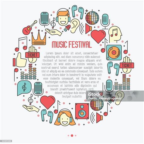 얇은 선 아이콘 Dj 헤드폰 비닐 플레이어 디스코 공 마이크 티켓 원에 음악 축제 개념 배너 웹 페이지 전단지에 대 한 벡터 일러스트 Dj에 대한 스톡 벡터 아트 및 기타