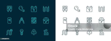 세트 라인 전기 케이블 크리 에이 티브 램프 조명 아이디어 와셔 고전압 펜치 도구 자동차 배터리 전기 패널 및 플러그 아이콘이있는 글로벌 에너지 행성 벡터 0명에 대한 스톡