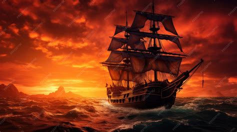 Premium Ai Image A Photo Of A Pirate Ship In A Fiery Sunrise Fiery