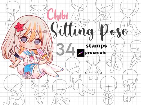 Procreate Chibi Pose Stamp Brushes 34 Procreate Chibi Sitting Poses Cartoon Manga Character